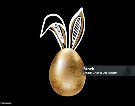 Happy Easter Rabbitss Ears Gold Eggs Hand Drawn Illustration Stock Illustration Download Image