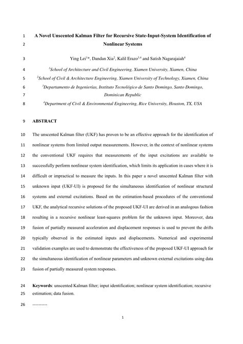 Pdf A Novel Unscented Kalman Filter For Recursive State Input System