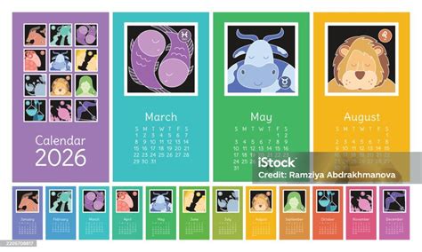 Vetores De Calendário 2026 Signos Do Zodíaco Aquário Libra Leão Touro