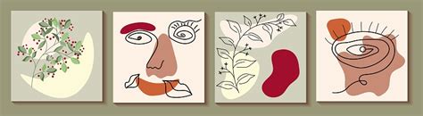 다양한 초현실적 인 얼굴의 세트 얼굴 라인 아트 면 도면 현대 초상화 둥근 요소 추상적 인 모양 선 꽃 잎 꽃 손으로 그린 벡터 그림입니다 미니멀한 스타일 2명에 대한 스톡