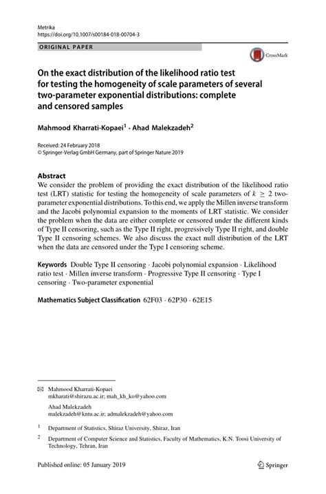 Pdf On The Exact Distribution Of The Likelihood Ratio Test For Testing The Homogeneity Of