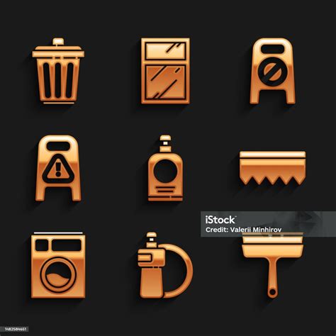 손 소독제 병 식기 세척액 접시 창문용 고무 클리너 거품이 있는 스폰지 세탁기 젖은 바닥 청소 진행 및 쓰레기통 아이콘을 설정합니다 벡터 가사 집안일에 대한 스톡 벡터 아트