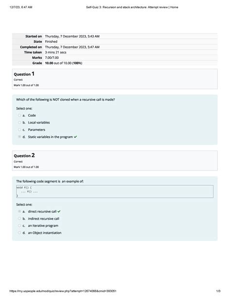 Self Quiz 3 Recursion And Stack Architecture Attempt Review Home
