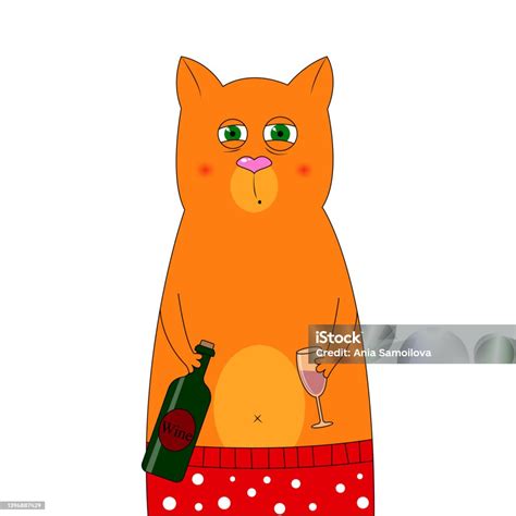 손에 잔과 와인 한 병을 든 붉은 피곤한 고양이 귀여운 만화 캐릭터 티셔츠를 인쇄하십시오 흰색 배경에 고립된 벡터 일러스트 레이