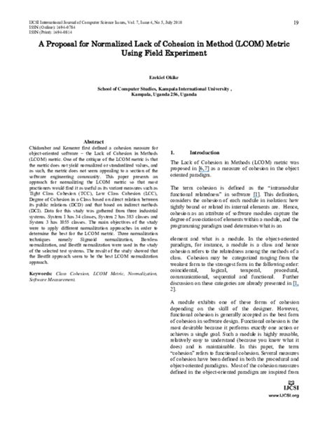 Pdf A Proposal For Normalized Lack Of Cohesion In Method Lcom Metric Using Field Experiment