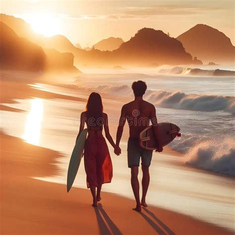 изображение пляжного комбера спускающегося на закате с волнами Иллюстрация штока иллюстрации