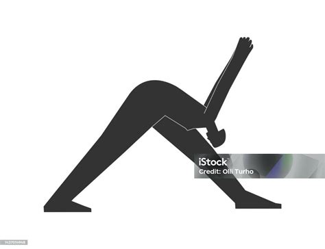 여성 캐릭터의 평평한 검은색 실루엣이 있는 벡터 격리된 그림 스포티한 여자는 요가 자세 Parsvottanasana를 배웁니다 피트니스 운동 피라미드 포즈 미니멀리즘 디자인