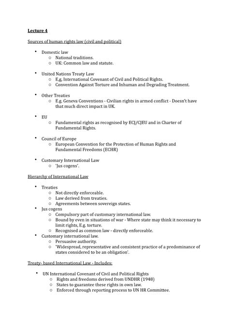 Public Law Lecture 4 Notes Lecture 4 Sources Of Human Rights Law Civil And Political