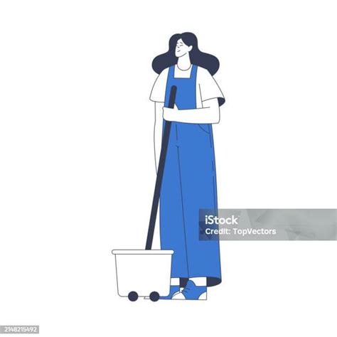 청소 서비스 와 직업적인 여자 노동자 특성 서 있는 와 걸레 와 양동이 벡터 일러스트 가사 집안일에 대한 스톡 벡터 아트 및 기타 이미지 Istock