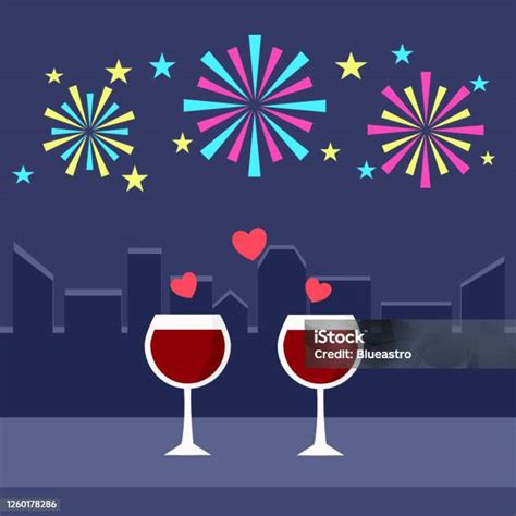 하늘의 불꽃놀이 아래 테이블에 음료 두 잔 사랑하는 부부는 그들의 사랑이나 결혼을 축하합니다 플랫 디자인의 로맨스 컨셉 벡터 일러스트 기념일에 대한 스톡 벡터 아트 및 기타