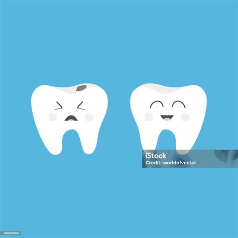 건강 한 웃는 치아 아이콘 카 리에 스와 함께 우는 나쁜 아픈 치아 귀여운 문자 집합입니다 구강 치과 위생입니다 베이비 블루 배경입니다 평면 디자인입니다 0명에 대한 스톡