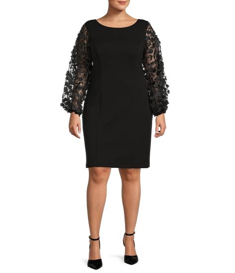 Eliza J Plus Size Long 3d Floral Mesh Sleeve Round Neck Sheath Dress Dillards