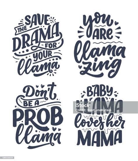 라마에 대한 재미있는 손으로 그린 글자 따옴표로 설정합니다 인쇄 및 포스터 디자인을위한 멋진 문구 영감을 주는 어린이 슬로건 인사말 카드 템플릿 벡터 검은색에 대한 스톡