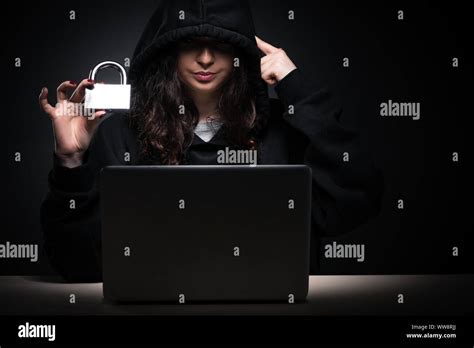 The Female Hacker Hacking Security Firewall Late In Office Stock Photo Alamy