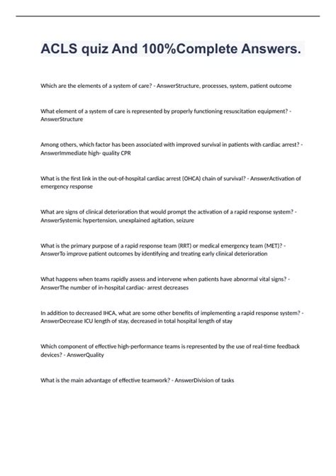 Acls Quiz And 100 Complete Answers Heart Code Acls Stuvia Us