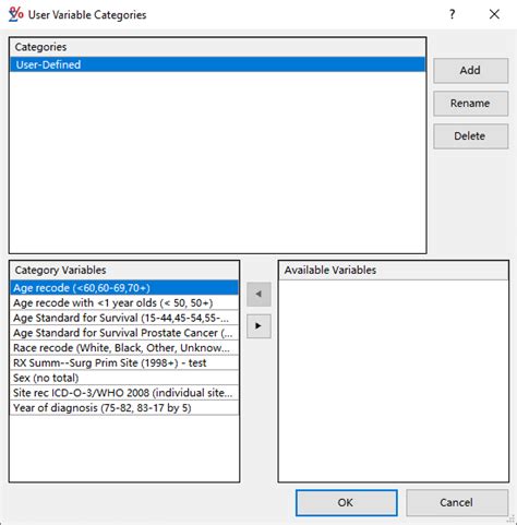 user variable categories dialog — seer stat help system