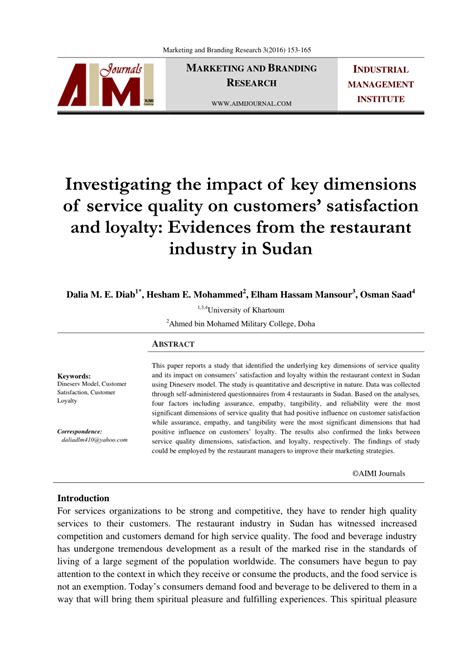 Pdf Investigating The Impact Of Key Dimensions Of Service Quality On Customers Satisfaction