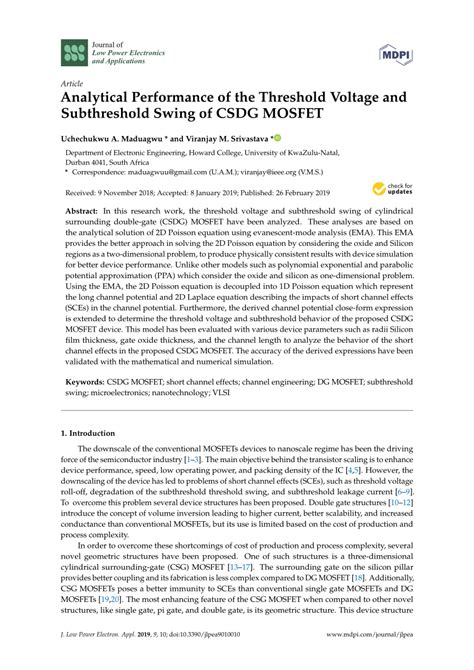 Pdf Analytical Performance Of The Threshold Voltage And Subthreshold Swing Of Csdg Mosfet