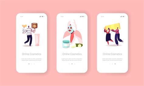 온라인 화장품 모바일 앱 페이지 온보드 화면 템플릿 무료 벡터