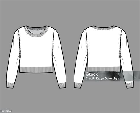 롱 넥 크롭 스웨터 테크니컬 패션 일러스트와 긴 소매 허리 길이 니트 리브 트리밍 플랫 점퍼 0명에 대한 스톡 벡터 아트 및