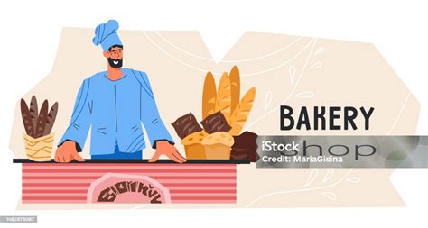 베이커리 가게 또는 베이크하우스 전단지 또는 베이커 플랫 벡터 일러스트레이션이 있는 배너 고객에 대한 스톡 벡터 아트 및 기타