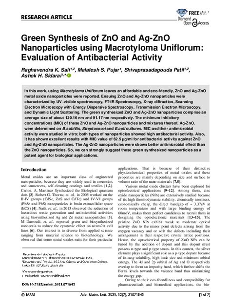 Pdf Green Synthesis Of Zno And Ag Zno Nanoparticles Using Macrotyloma Uniflorum Evaluation Of