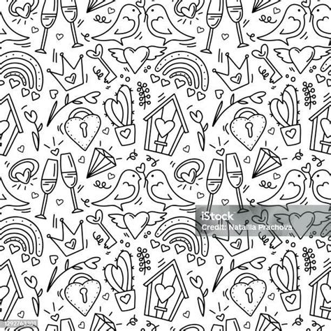 발렌타인 데이는 심장 새 자물쇠 선인장 크라운 반지 버드 하우스 무지개 보석 안경 가지와 매끄러운 패턴을 낙서합니다 가리기에