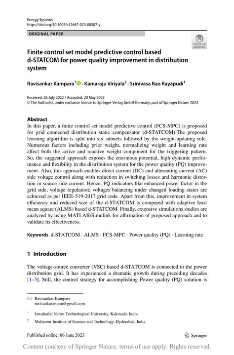 Finite Control Set Model Predictive Control Based D Statcom For Power Quality Improvement In