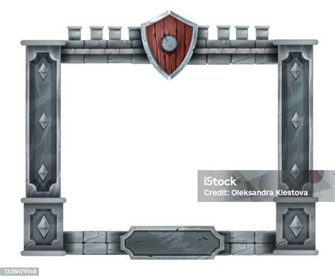 중세 게임 스톤 프레임 Ui 인터페이스 벡터 패널 고대 바위 기둥 나무 기사 방패 0명에 대한 스톡 벡터 아트 및 기타 이미지 0명 개념 계급 Istock