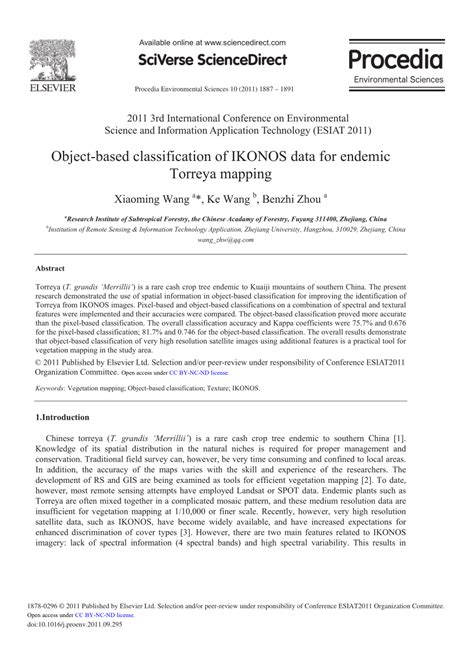 Pdf Object Based Classification Of Ikonos Data For Endemic Torreya Mapping