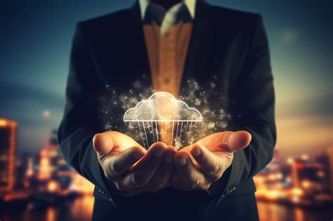 Premium Photo Businessman Holding Virtual Cloud Computing To Transfer Data Information And