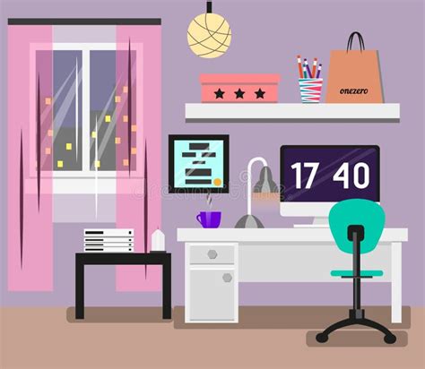 Bedroom Interior Flat Design Room In Pink Colors With Window Computer