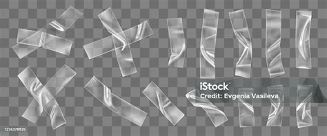 투명 접착제 플라스틱 테이프 조각과 투명 한 배경에 격리 된 고정을 위한 크로스 사진 및 종이 기구를위한 구겨진 접착제 플라스틱