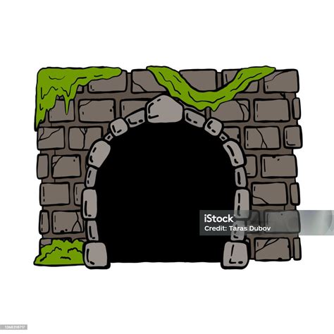 성의 문 동화 요새 또는 돌 중세 오래된 벽에 입구 나무 오픈 출입구 만화 손 그린 일러스트 건축에 대한 스톡 벡터 아트 및 기타 이미지 Istock
