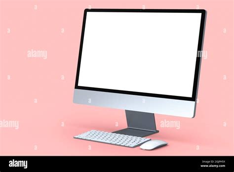 Realistic Grey Computer Screen Display With Keyboard And Mouse Isolated On Pink Background 3d