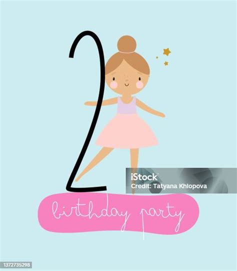 생일 파티 인사말 카드 파티 초대장 귀여운 작은 발레리나와 비문 2와 아이 일러스트 만화 스타일의 벡터 일러스트레이션 공주에 대한 스톡 벡터 아트 및 기타 이미지 Istock