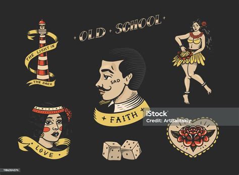 빈티지 올드 스쿨 문신 세트입니다 카드 하와이 훌라 댄서 여자 입술과 등대 표범 주사위와 뱀을 재생 문자 손으로 그린 스케치가 새겨져 있습니다 티셔츠 배지 프린트 또는 패치