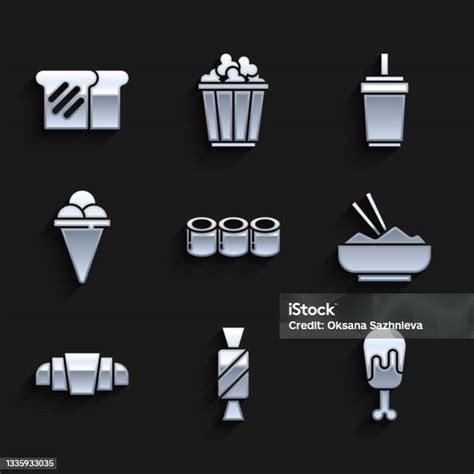 초밥 사탕 치킨 다리 젓가락 크루아상 아이스크림 와플 콘 종이 유리 빨대와 빵 토스트 아이콘이있는 그릇에 쌀을 설정합니다 벡터 0명에 대한 스톡 벡터 아트 및 기타 이미지