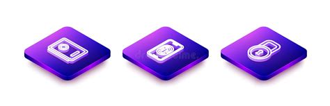 Set Isometric Line Safe Mobile With Fingerprint Scanner And Lock Icon Vector Stock