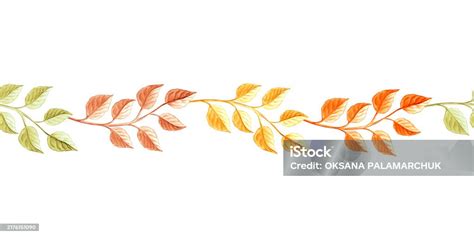 화려한 잎을 가진 나뭇 가지 가을 물결 모양의 완벽 한 테두리 추수 감사절이나 할로윈에 대한 가을 반복 패턴 손으로 그린 수채화 그림이 분리되어 있습니다 포장지 문구류