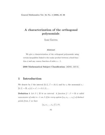 A Characterization Of The Orthogonal Polynomials 1 Introduction