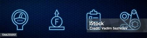 세트 목록 또는 계획 게이지 스케일 물리 수식 및 타이밍 벨트 키트의 힘 벽돌 벽에 빛나는 네온 아이콘 벡터 0명에 대한 스톡 벡터 아트 및 기타 이미지 Istock