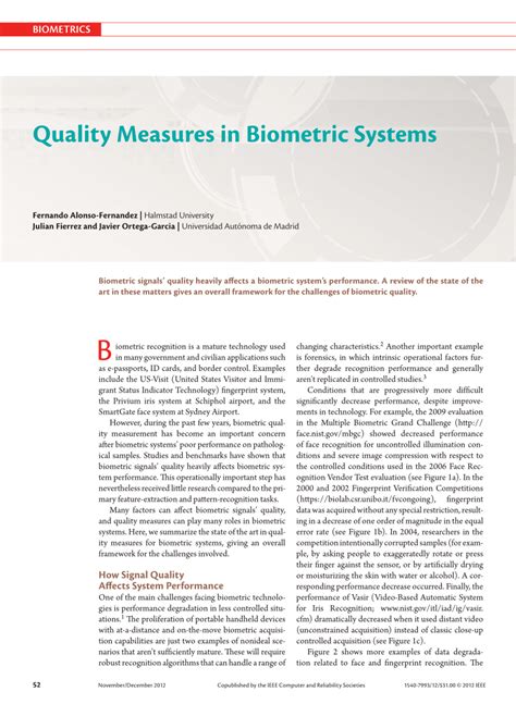 Pdf Quality Measures In Biometric Systems