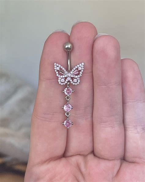 Silver Butterfly Belly Button Ring Pink Cz Dangle Navel Piercing