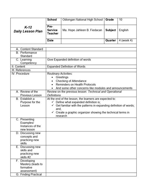 Daily Lesson Plan G10 Hope Pdf Lesson Plan Intelligence