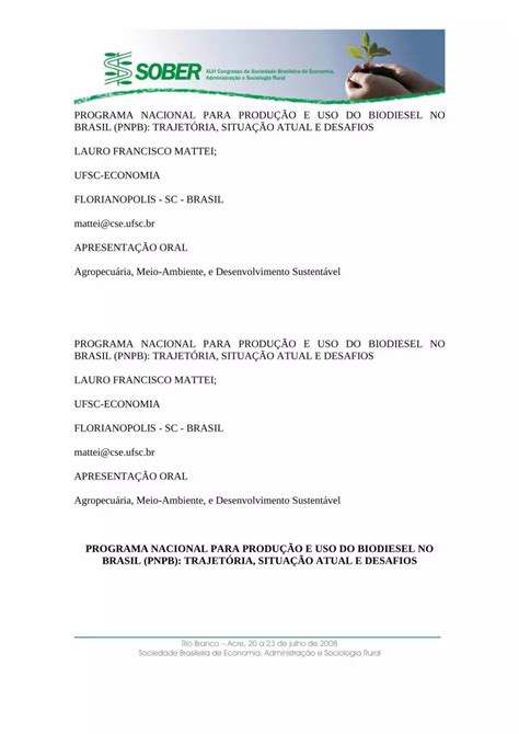 Pdf Programa Nacional Para Produção E Uso Do Biodiesel No Brasil
