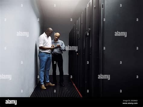 Server Room People Or Technicians With Tablet For Cybersecurity Or Internet Glitch With