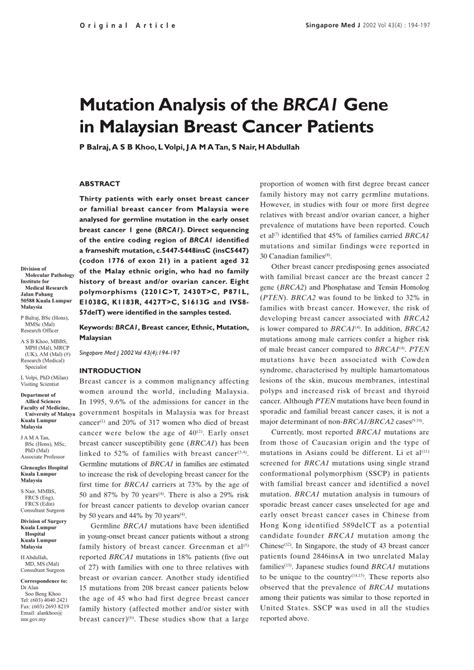 Pdf Mutation Analysis Of The Brca1 Gene In Malaysian Breast Cancer