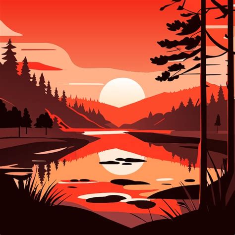 Premium Vector Sunset On Lake Red Sky With Sun Going Down The Pond