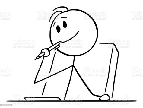 입에 볼펜뭔가에 대해 생각하는 창조적 인 남자 또는 사업가 또는 작가의 벡터 만화 책상에 대한 스톡 벡터 아트 및 기타 이미지 책상 스틱피겨 사색 Istock